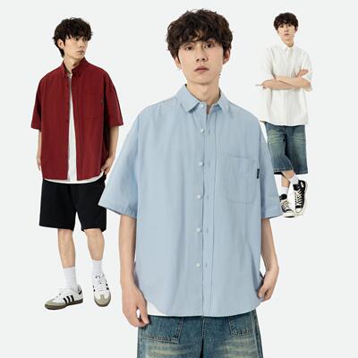 YOKE STUDIO日系cityboy夏季新款纯色短袖衬衫男休闲宽松纯棉衬衣