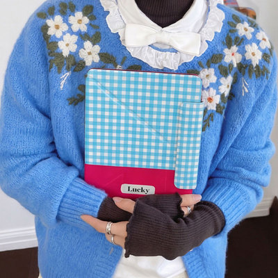 【3+y折带搭扣】蓝红撞色格纹适用ipadair7保护套第11代小米平板8pro11.2华为matepad12.2无笔槽vivo4壳oppo5