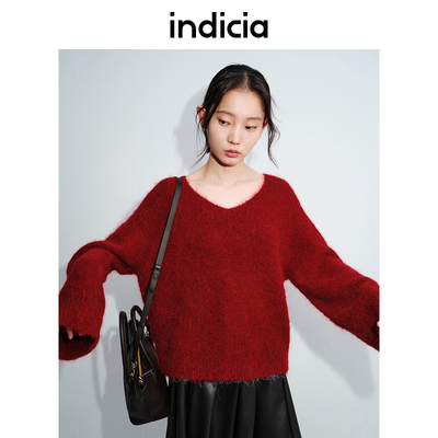 indicia标记女装冬款羊驼毛红色毛衣针织衫女温柔慵懒风L2D4MS217