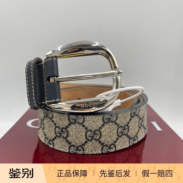 GUCCI古驰 蓝色帆布 皮革 皮带 宽4cm