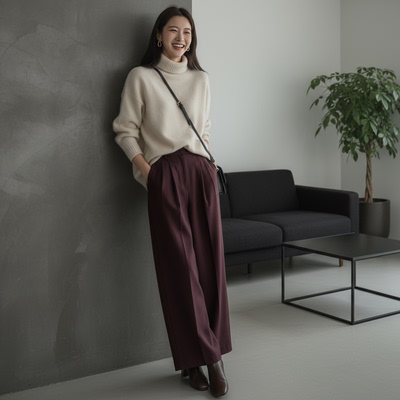 「一见倾心」秋季新款简约松紧腰宽松高腰阔腿裤HBZW800022