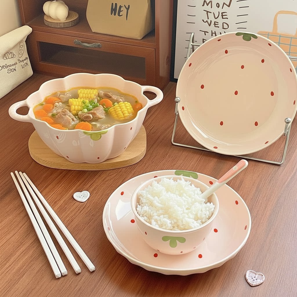盘高颜值餐具陶瓷家用碗双耳陶瓷汤碗新家乔迁礼物一人食漂亮餐具