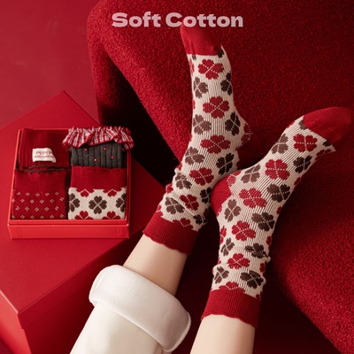 羊毛红袜子男女情侣款秋冬保暖加厚中筒袜马年本命年新年礼盒送礼