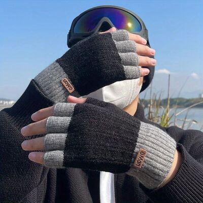 Color Blocked Acrylic Half Finger Gloves, Combining Warmth a