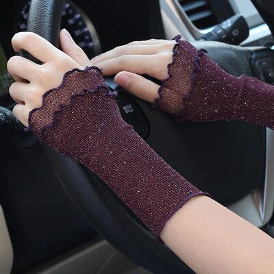 Women Hand Sleeve Wrist Cuffs Ruffled Floral Black Lace Elas