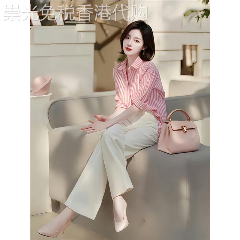 粉色条纹翻领长袖衬衫2026初夏季新款女装轻奢高级感韩系别致上衣