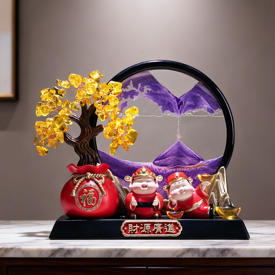 流沙画财神爷摆件客厅黄水晶发财树酒柜装饰品乔迁开业礼物前台