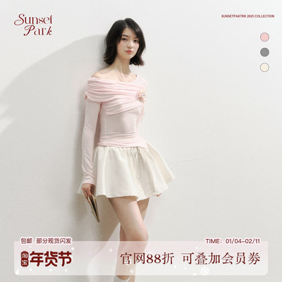 SunsetPark Daily/日落公园 粉/灰/白设计感斜肩量感抽褶长袖T恤