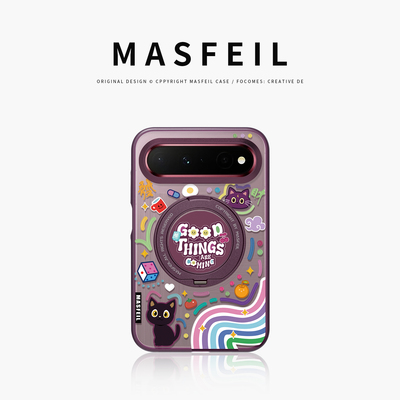MASFEIL× 涂鸦猫咪适用华为PuraXView手机壳磁吸带支架新款阔直板Pura X View全包保护套防摔高级紫半透明女