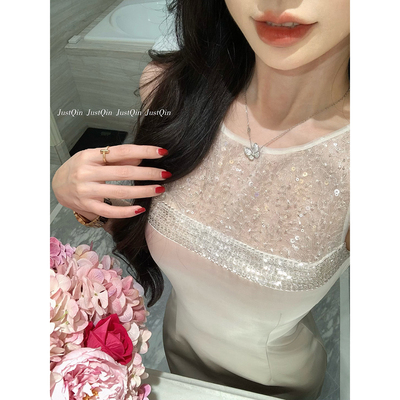 JustQin【温雅明伶】2026新款夏装性感网纱缎面短裙收腰连衣裙女