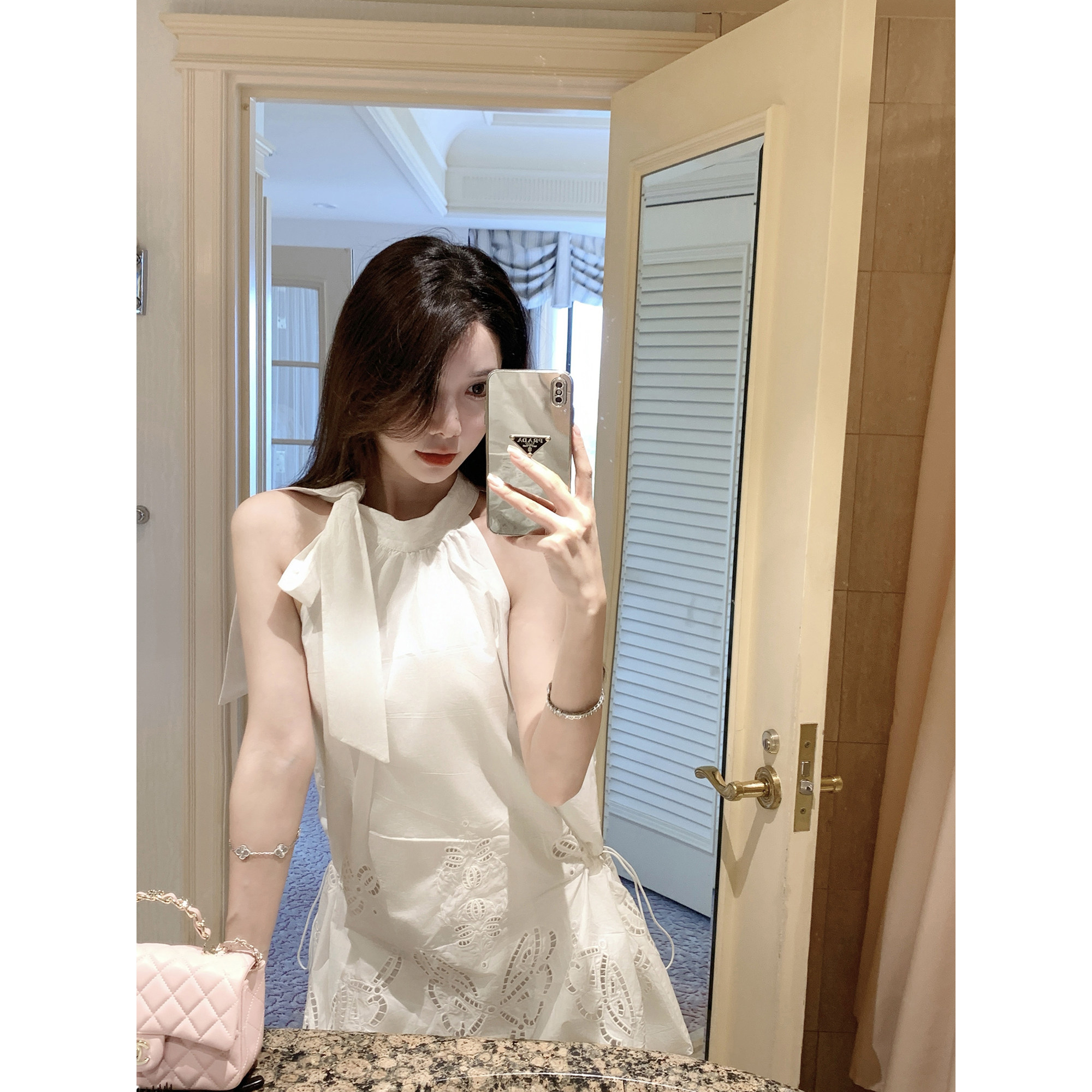 JustQin【浮光掠影】2025新款夏装无袖挂脖系带连衣裙女