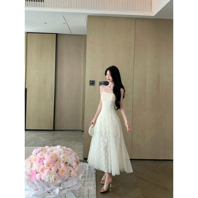 JustQin【爱丽丝】2026新款夏装吊带长裙性感收腰裙蕾丝连衣裙女