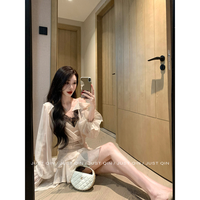 JustQin【优雅Lady】2026新款气质收腰显瘦花苞袖网纱连衣裙女秋