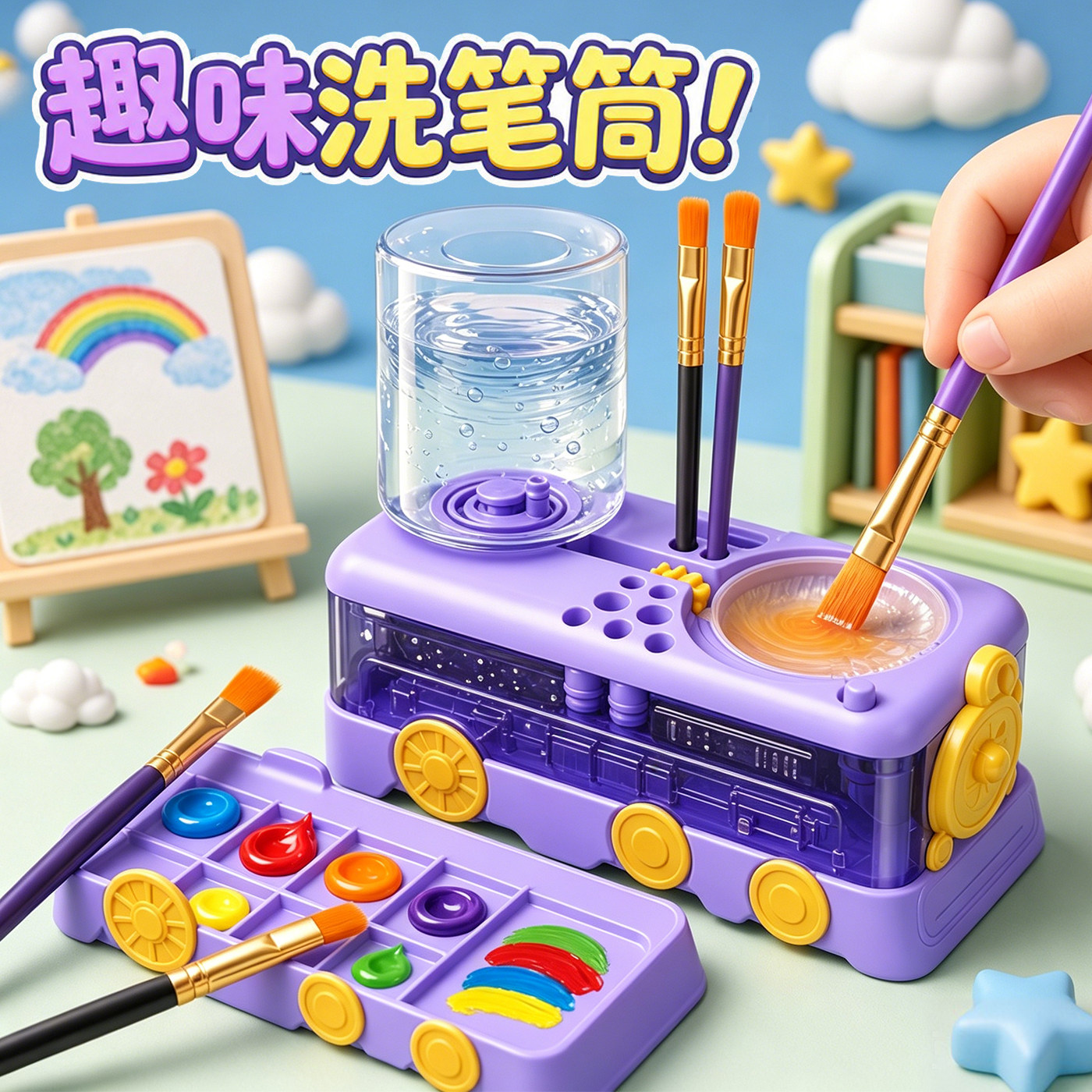 儿童趣味小火车洗笔筒三合一洗笔器收纳涂鸦水彩笔油画笔清洗神器安全无异味便携美术用品小学生画画必备