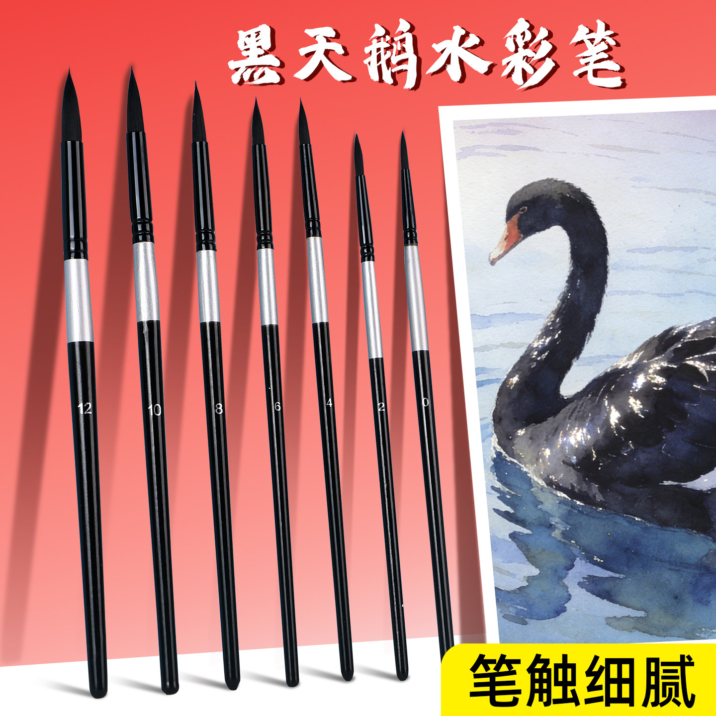 黑天鹅水彩笔专业绘画笔水粉水彩油画笔美术用品套装蓄水强易掌控专业级细头笔触细腻画画笔涂鸦笔黑色笔杆