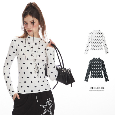 Nariele 波点半高领辣妹长袖t恤女秋季美式修身短款内搭打底