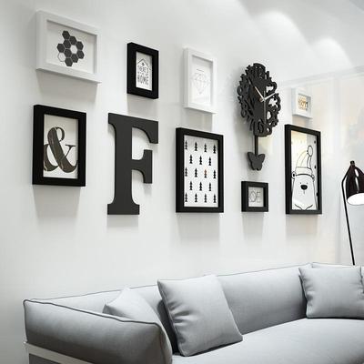 新款直销实木_6661_简约实木照片墙北欧组合相框装饰画摇摆真钟表