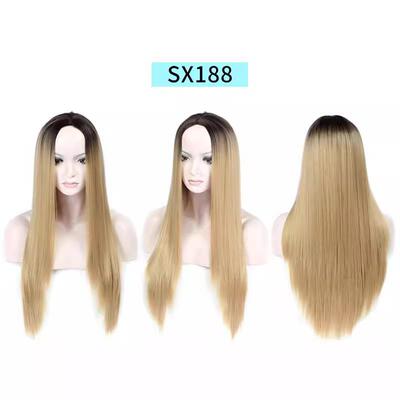 新款直销许昌跨境时尚全头套中分女渐变色长直发假发wigs化纤头套