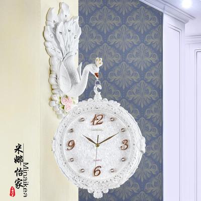 新款直销欧美式复古挂钟双面钟客厅钟表创意个性孔雀装饰静音挂表