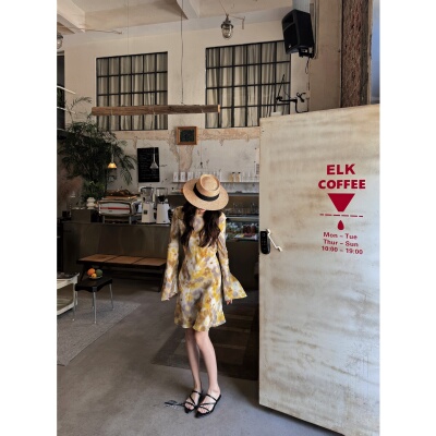 芝芝【日落繁花】复古风扎染印花约会显瘦长袖连衣裙