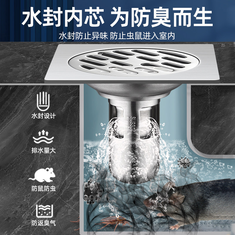 加厚不锈钢大排量防堵隐形通用淋浴厨房卫生间阳台防臭地漏器盖板