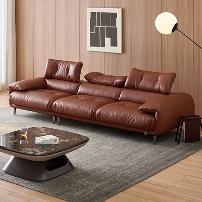全友家居门店同款 极简风 22958 头层真黄牛皮一字型直排皮艺沙发