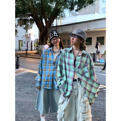 美式复古撞色格纹长袖衬衫女春秋