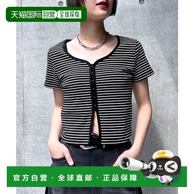 1h可退 日本直邮PAGEBOY 女士细 rib 纽扣短袖T恤 494090条纹