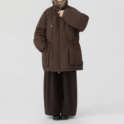 复述 棕红色加厚保暖中长款宽松毛领鸭绒外套 腰抽绳休闲风羽绒服