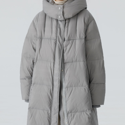 复述CHAO长款 实用通勤宽松浅灰大长款可脱卸帽连帽加厚羽绒服