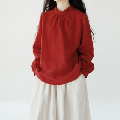 复述全亚麻新年安可拉正红色衬衫显白气质文艺木耳领宽松长袖上衣