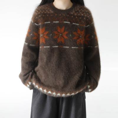 复述羊毛拉毛【绒绒感】细腻手感复古风菱形花圆领保暖套头毛衣