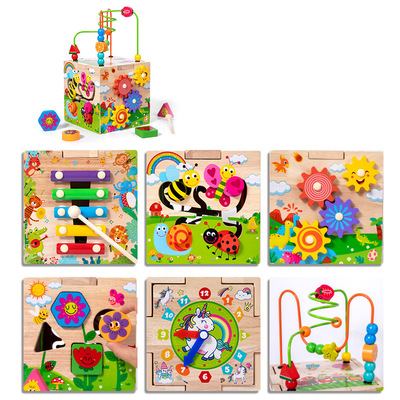 Wooden four sided bead wrapped puzzle toy for young children