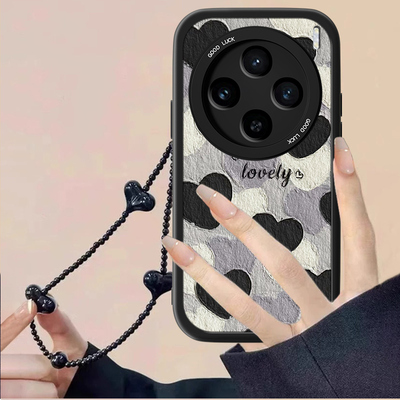 黑白爱心适用vivoX200S手机壳X200Ultra新款保护套复古小羊皮vivix镜头全包防摔viv0系列男女vovi软外壳后