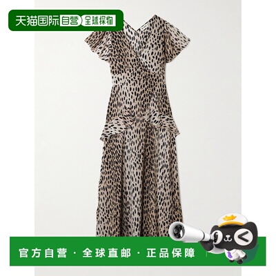 1h可退 美国直邮RIXO 女士 Evie 荷叶边豹纹真丝雪纺中长连衣裙 0