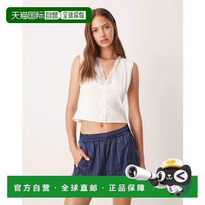 1h可退 香港直邮ASOS 女士 milkmaid 设计深V系扣蕾丝边上衣(白色