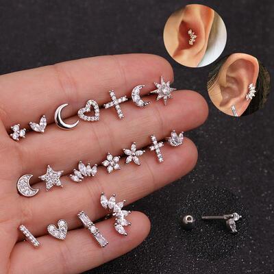 Labret Piercing Ear Ring Steel Stud Crystal Gem Flat Back