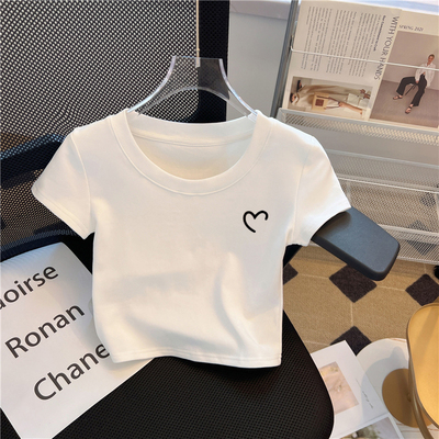 白色正肩棉短袖t恤女2026夏季新款圆领修身小衫短款高腰上衣ins潮