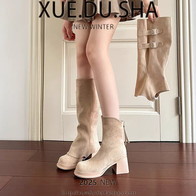 裸色高跟靴短靴女2025秋冬新款可拆卸两穿长筒靴厚底小个子瘦瘦靴