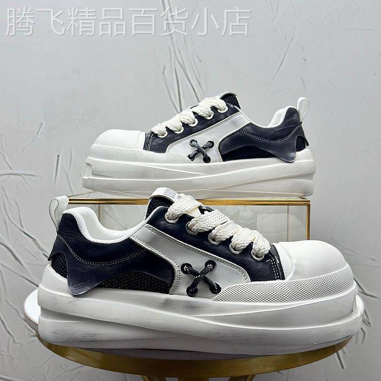 英国&奢品~利范厚底增高板鞋男黑白拼色系带休闲鞋复古潮流休闲鞋