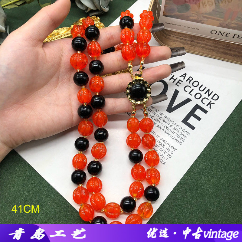 西洋中古双层开关项链感南瓜棱琉璃珠毛衣链百搭配饰锁骨链
