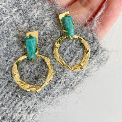 欧美风薄荷绿天然石几何圆形耳饰