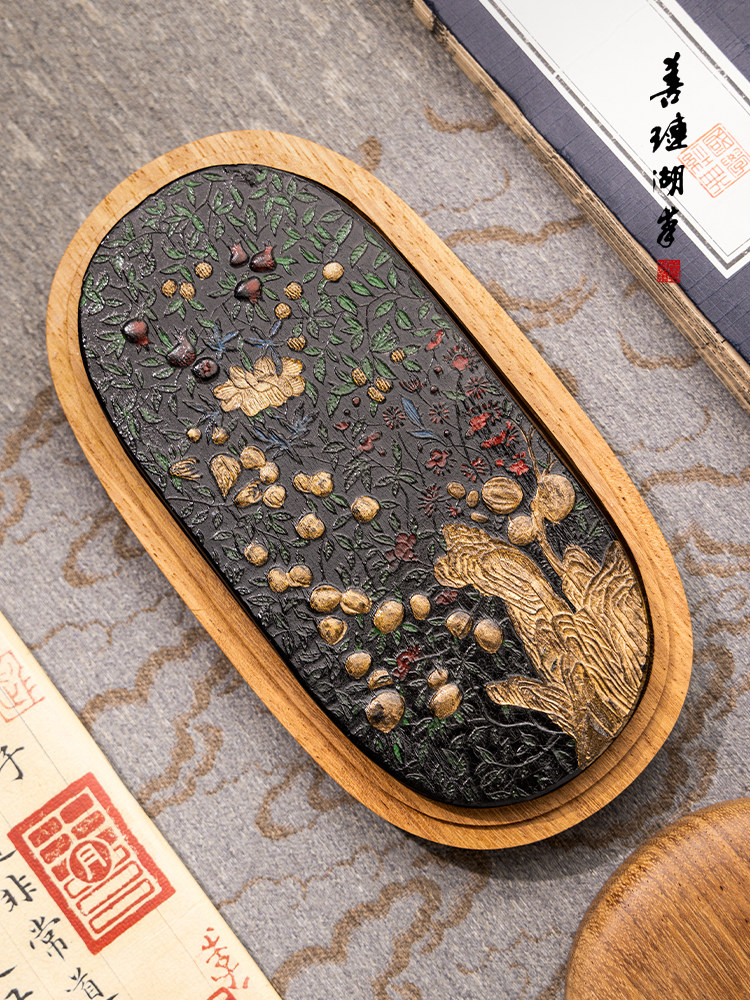 善琏湖笔 春华秋实 松烟墨条工艺美术大师吴成林手作收藏级老墨块
