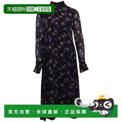 自营Ganni印花Georgette Midi黑色粘胶纤维连衣裙-黑色 美国奥莱