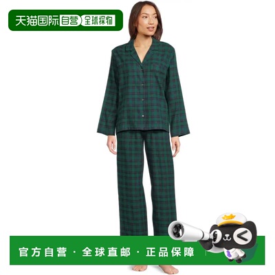 自营Eberjey法兰绒长假睡衣套装女士绿色格子呢格子GBO3587-绿色
