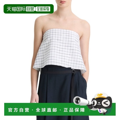 自营Vince Linen-Blend Trellis Plaid Tie Top - white 美国奥莱