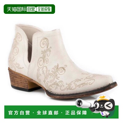 自营Roper Ava女靴白色皮革刺绣西式短靴HAM754-白色 美国奥莱直