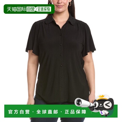 自营Anne Klein Plus Button Front Collared Top - black 美国奥