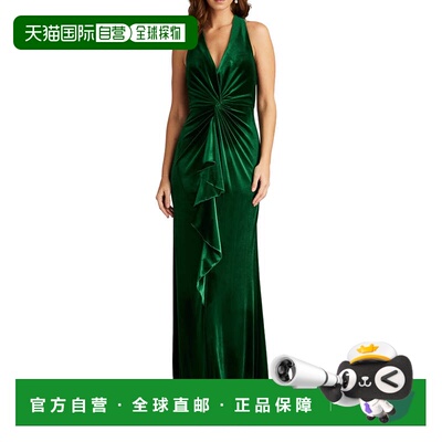 自营 tadashi shoji苹果酒扭褶天鹅绒长袍-绿色 美国奥莱直发长裙