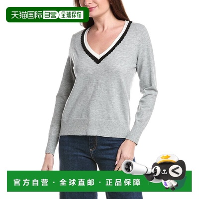 自营CeCe Deep V Contrast Trim Sweater - grey 美国奥莱直发
